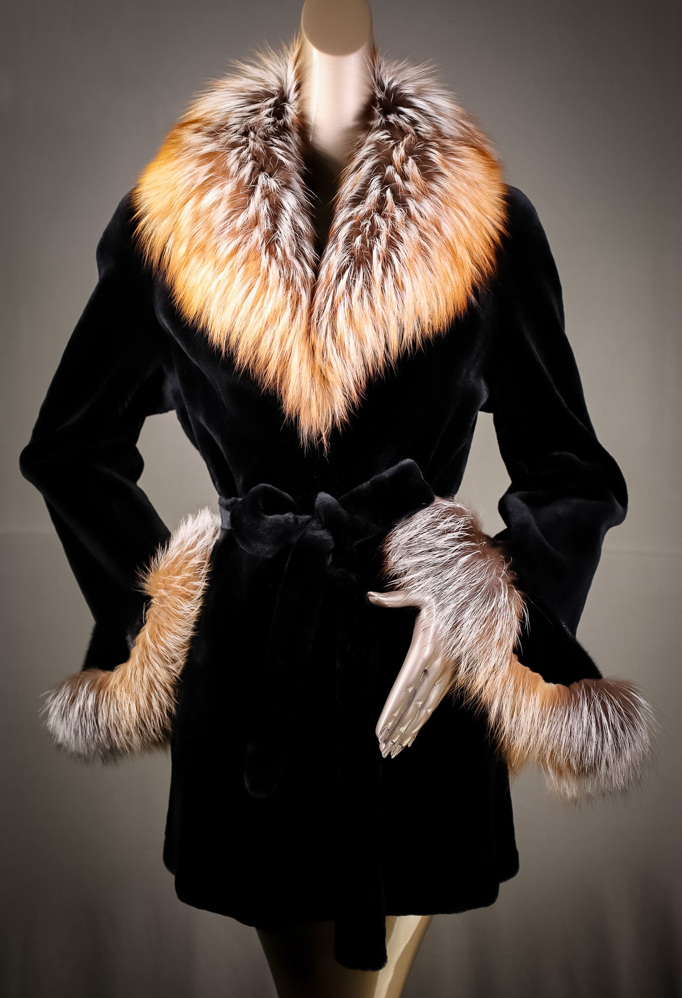 Belted Sheared Mink Stroller with Dyed Silver Fox Collar and Cuffs – Alaska Fur Gallery, Inc.
