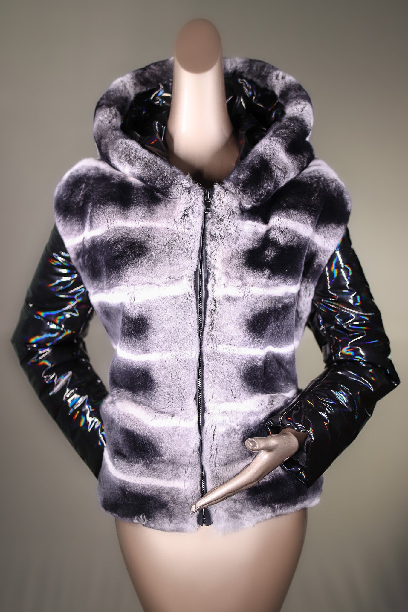 Chinchilla Rex Rabbit Hooded Jacket with Iridescent Rainwear – Alaska ...